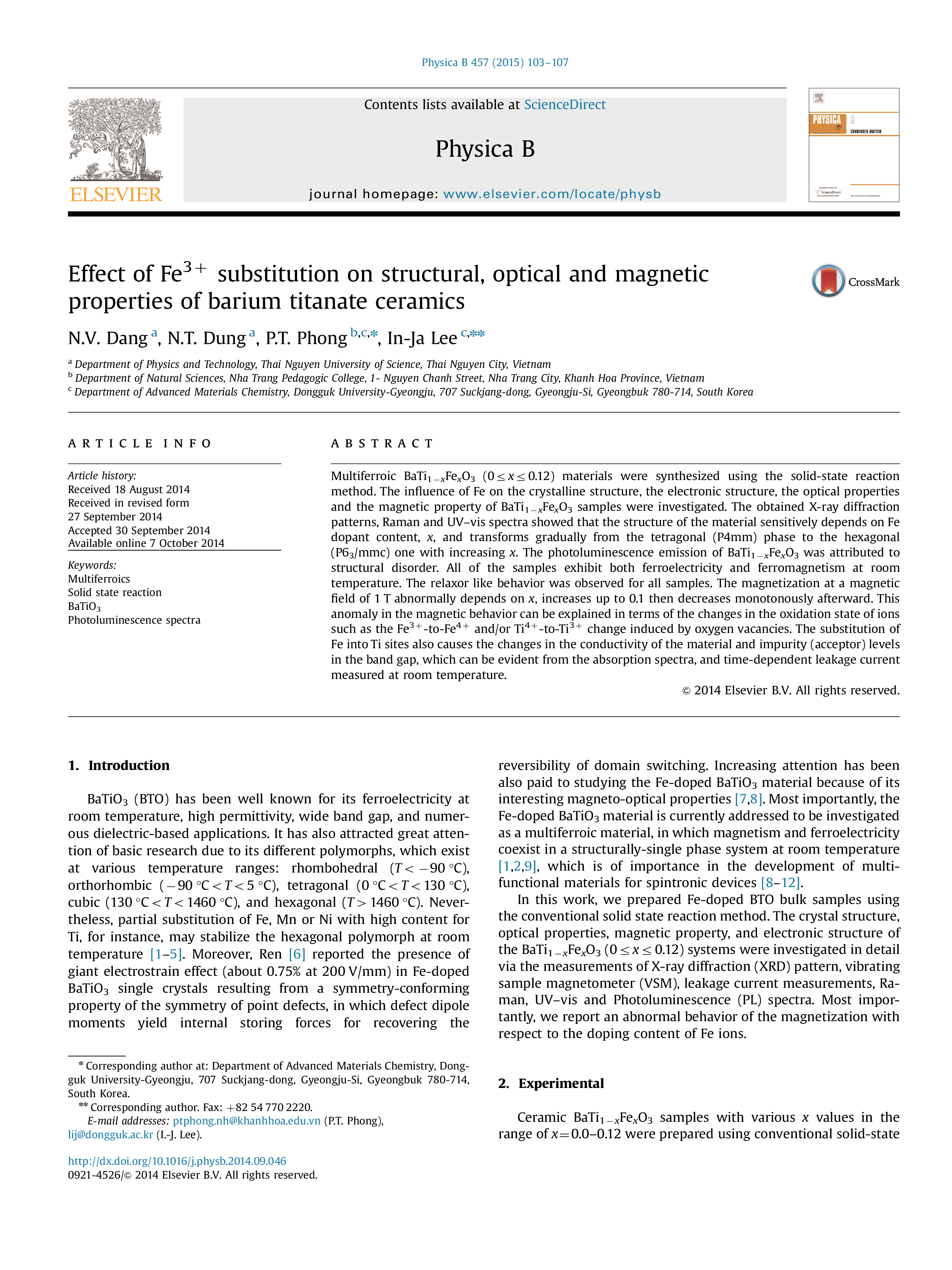 Effect of Fe 3þ substitution on structural, optical and magnetic properties of barium titanate ...